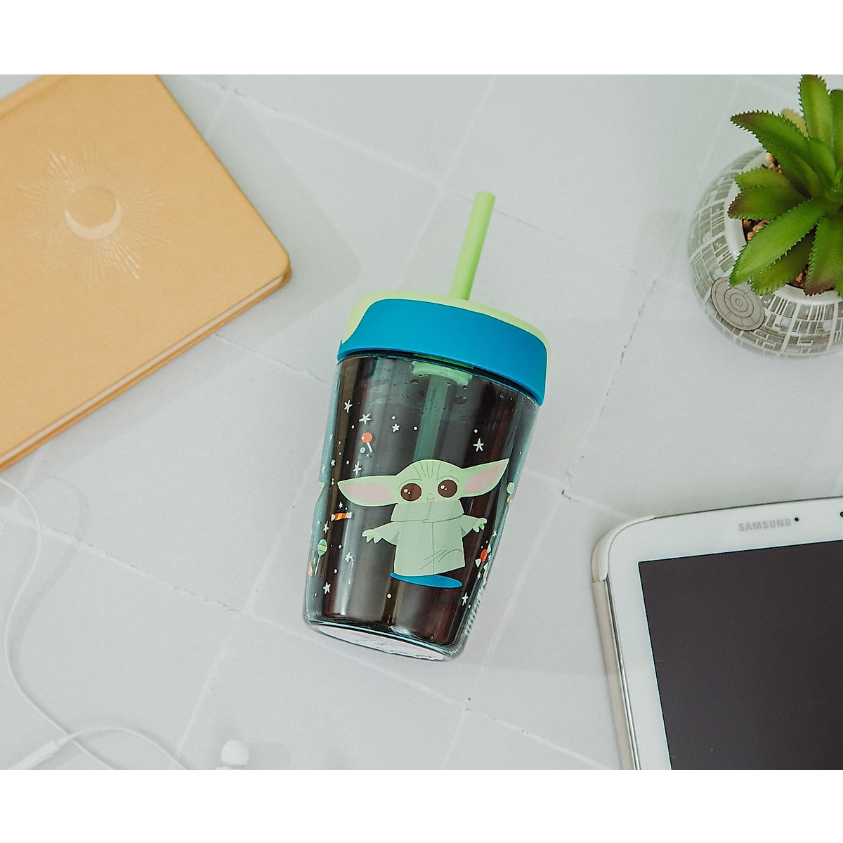 Silver Buffalo Star Wars: The Mandalorian Grogu Kids Plastic Travel Tumbler With Spill-Resistant Lid and Reusable Straw | Holds 18 Ounces