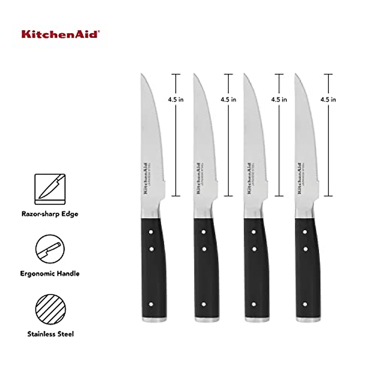 KitchenAid Gourmet 4 Piece Forged Triple Rivet Steak Knife Set, High Carbon Japanese Steel, Sharp Kitchen Knife Set, 4.5 inch, Black