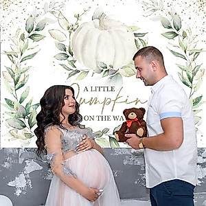 Mocsicka Greenery Gold Pumpkin Baby Shower Backdrop White Pumpkin Baby Shower Background Autumn Fall Baby Shower Party Decorations Banner Photo Studio Props (7x5ft)