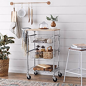 Amazon Basics 3-Tier Metal Basket Rolling Cart with Wood Top