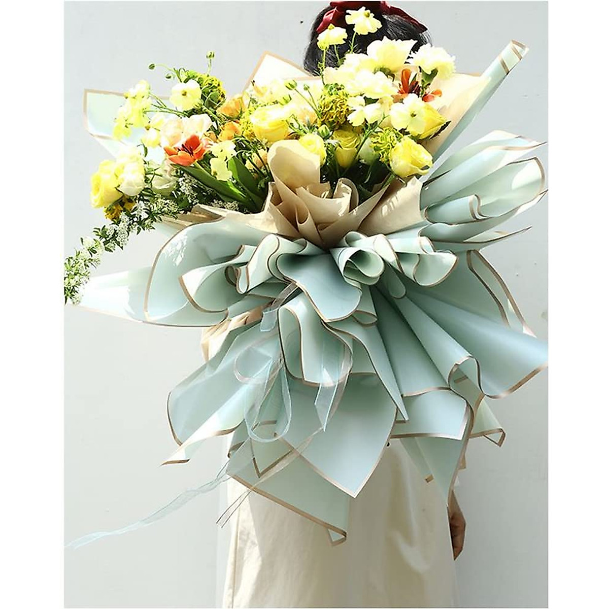 XICHEN 100 Sheets /10 Colors Gold Edge Flower Wrapping Paper,Florist Bouquet Supplies,DIY Crafts,Gift Packaging or Gift Box Packaging, Waterproof Floral Wrapping Paper 22.8x22.8Inch