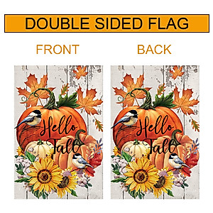 Hello Fall Garden Flags 12x18 Double Sided,Thanksgiving Pumpkin Garden Flag,Sunflower Small Yard Flags for Outside,Autumn Outdoor Decorations for Home