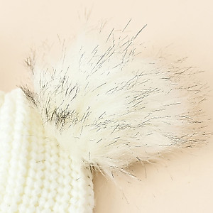 Winter Warm Knitted Baby Hat for Girls Boys Thick Cable Knit Beanie Faux Fur Pom Pom Beanie Hat Kids Crochet Hairball Cap (White)