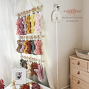 POVETIRE Baby Headband Holder, Hair Bows and Accessories Storage Organizer, Wall Hanging Decor for Nursery Toddler Girls Room (Beige-1)