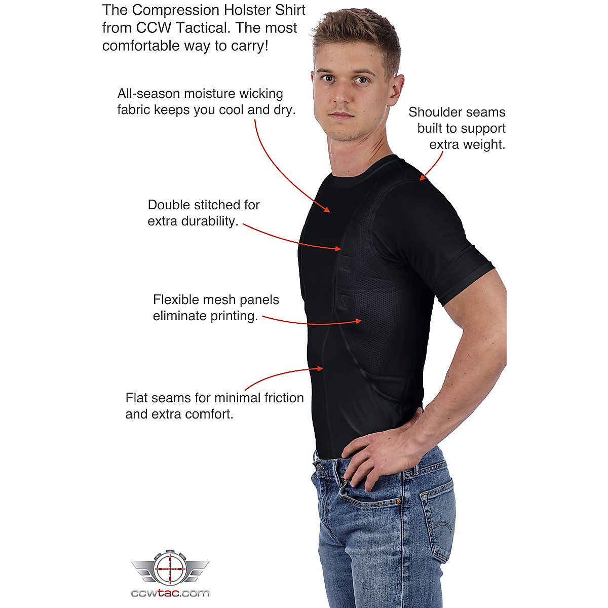 CCW Tactical Concealed Carry Holster Shirt | Secure Hook & Loop Pocket with Large Storage | All Season Moisture Wicking Compression Shirt | Mens Crew, Black S