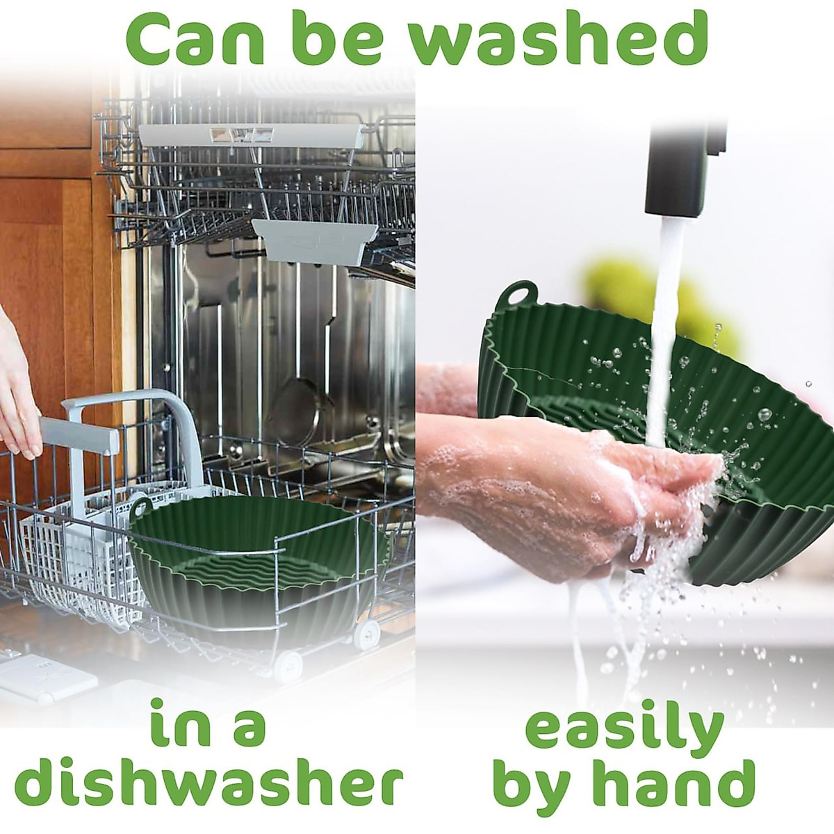 MG ONE 2-Pack Reusable Silicone Air Fryer Liners - Silicone Air Fryer Accessories - Silicone Air Fryer Basket, 8.5 inch Green+Beige Liners For 5 Qt or Bigger Air Fryer