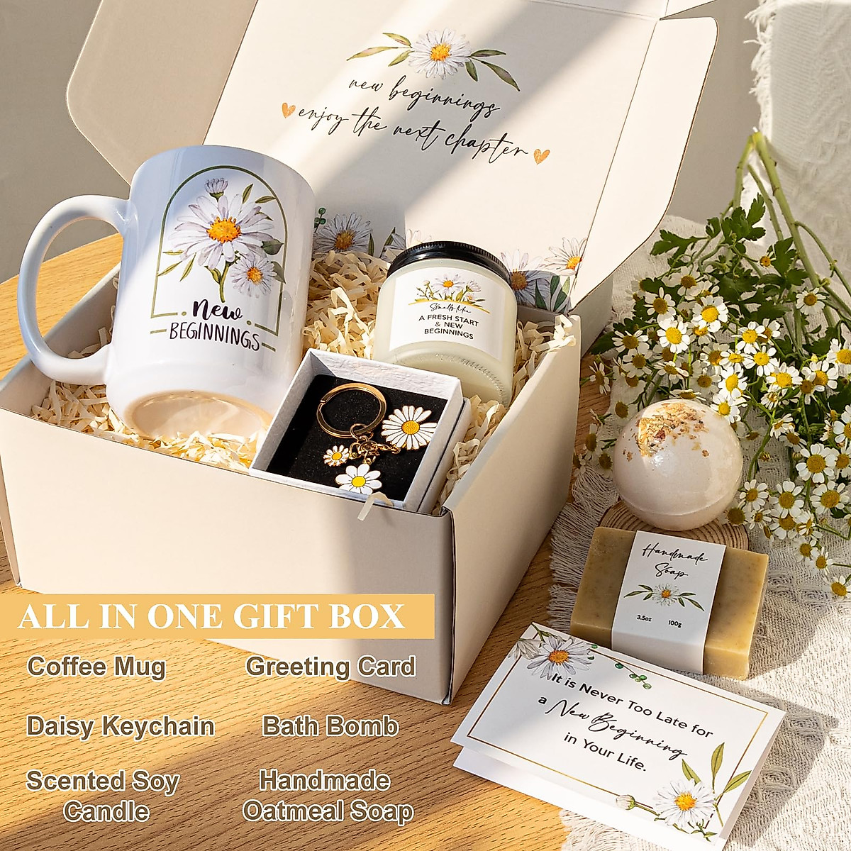 New Beginnings Gifts for Women, Daisy Gift Basket for Coworker Leaving Going Away, New Job Gift Box for Employee Friends, Farewell, Goodbye, Good Luck, Graduation, New Home, Break Up, Divorce Gifts