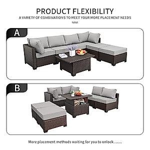 Outdoor Patio Dark Brown Rattan 7 Piece Sectional Set PE Wicker Conversation Sofa with Liftable Storage Table, Non-Slip 5" Thick Grey Cushion and Furniture Cover