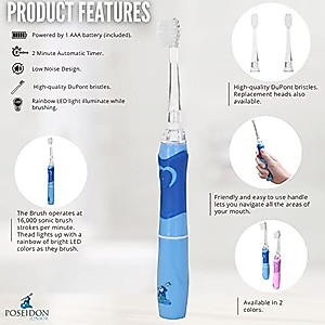 ToiletTree Products Poseidon Children's Sonic Toothbrush with LED Lights, Blue
