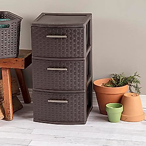 Sterilite 3 Drawer Wicker Weave Decorative Storage Organization Container Cabinet Tower with Driftwood Handles, Espresso (4 Pack)