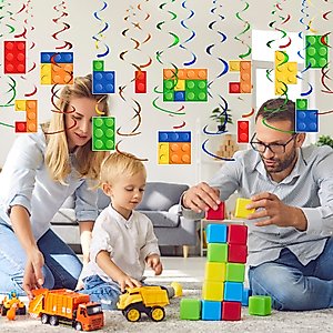 30 Pcs Building Blocks Party Favors Building Blocks Hanging Swirl Decoration Set 16 Pcs Building Block with Single Hanging Swirl and 14 Pcs Double Hanging Swirl for Building Block Theme Birthday Decor