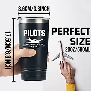 Onebttl Pilot Gifts For Men, Male, Him - Pilot Looking Down on People Since 1903-20oz/590ml Stainless Steel Insulated Tumbler with Lid, Message Card - Aviation, Airplane Gifts for Aviator - (Black)