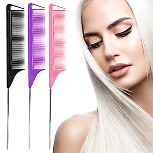 Rat Tail Combs Set: 3Pcs Long Steel Pin Teasing Combs for Salon Hair Stylists, Metal Parting Combs for Women (Purple, Black, Pink)