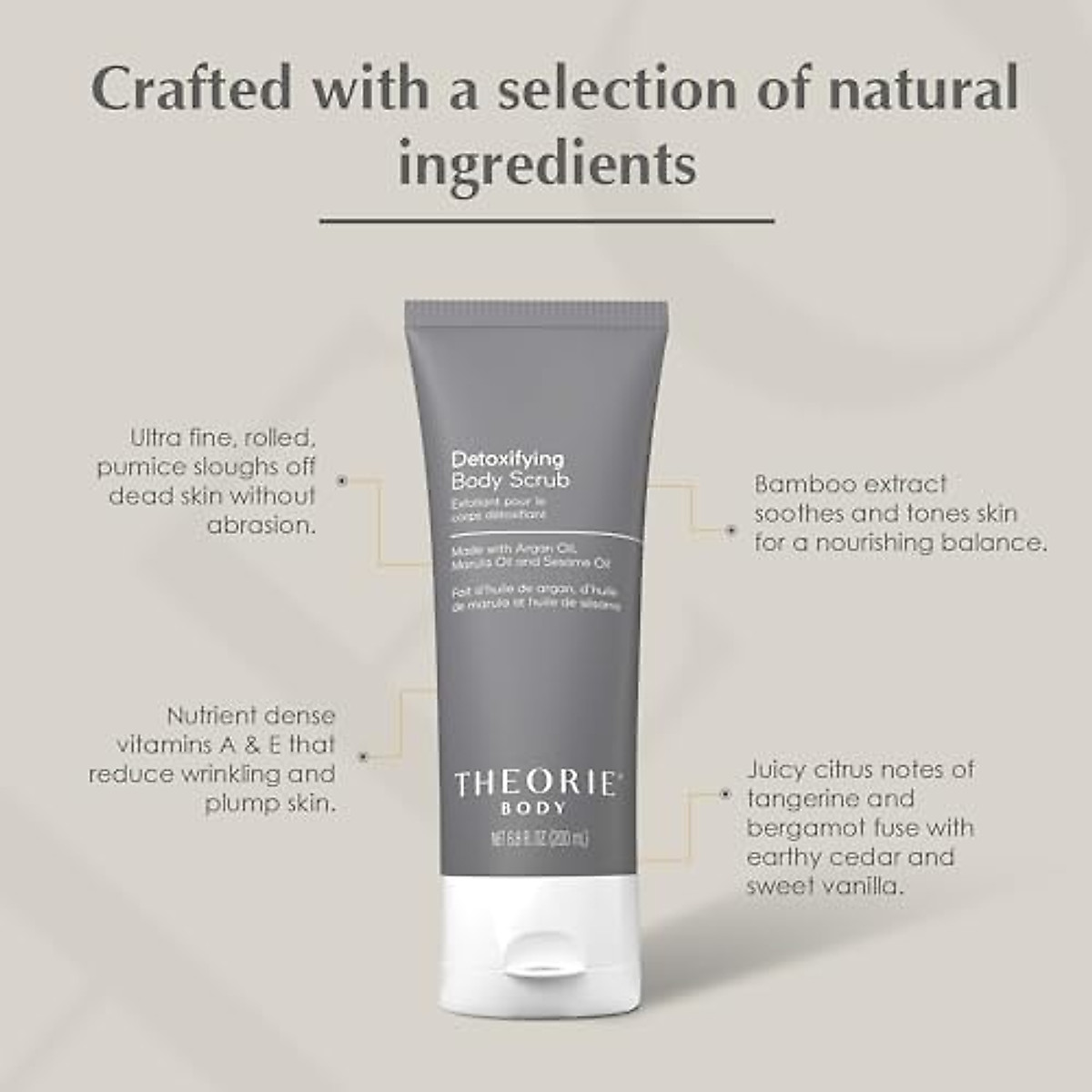 Theorie Charcoal Bamboo Body Scrub- Detoxifying Exfoliation, Micro Partials Gently Reveal Glowing Skin, Jojoba Oil, Sweet Almond Oil, and Sesame Oil Restore Moisture, 200 mL
