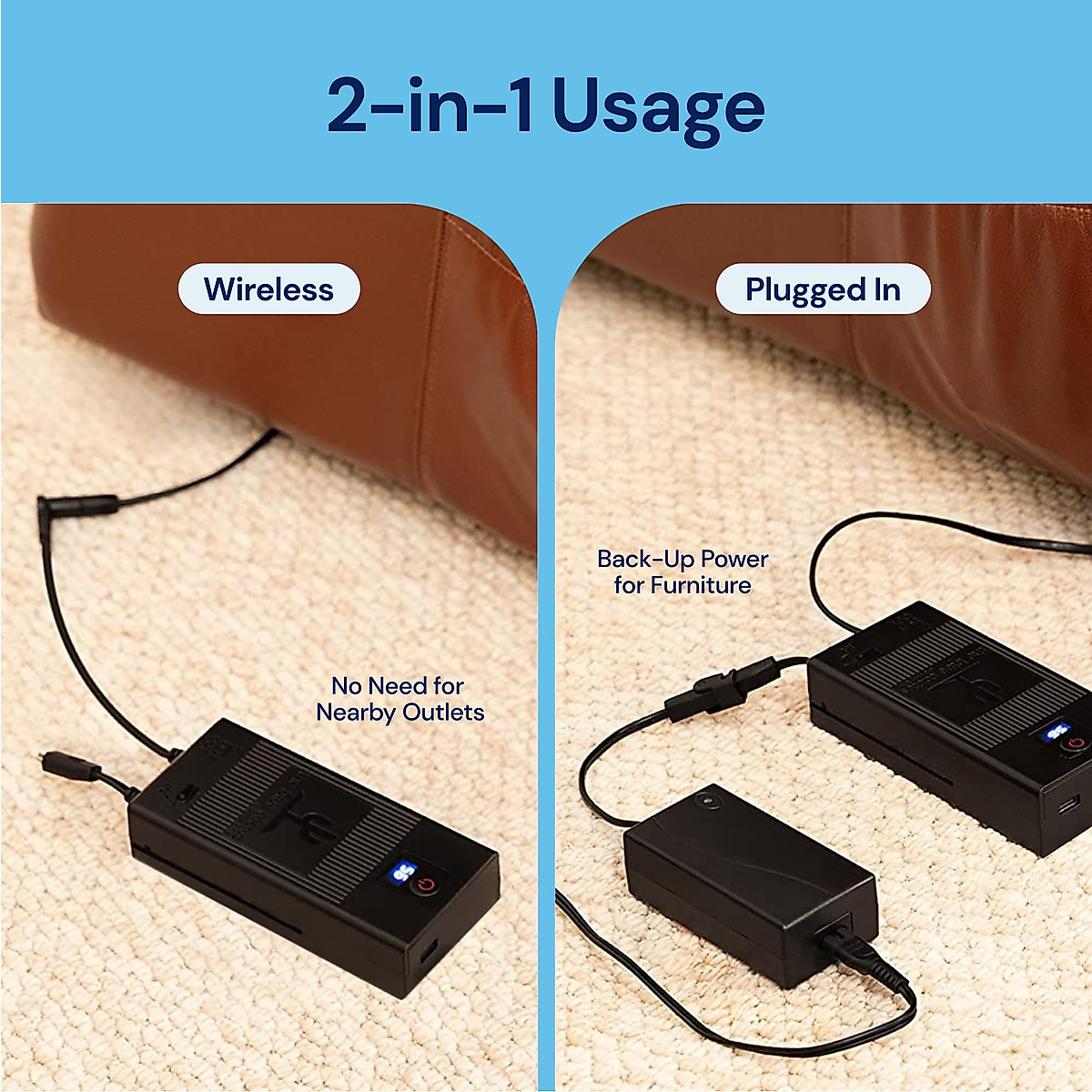 The Blue Cactus Universal Battery Pack for Reclining Furniture with LCD Display- Wireless 2500mAh Rechargeable Battery for Electric Recliner, Power Sofa, Couch, Lift Chair- Fits 2-Pin Motion Furniture