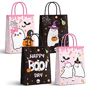 AnyDesign 24Pcs Halloween Paper Gift Bags with Handles 4 Design Halloween Boo Theme Bags Ghost Pumpkin Black Pink Candy Bags Goodie Present Bags for Gift Wrapping Halloween Birthday Party Favor