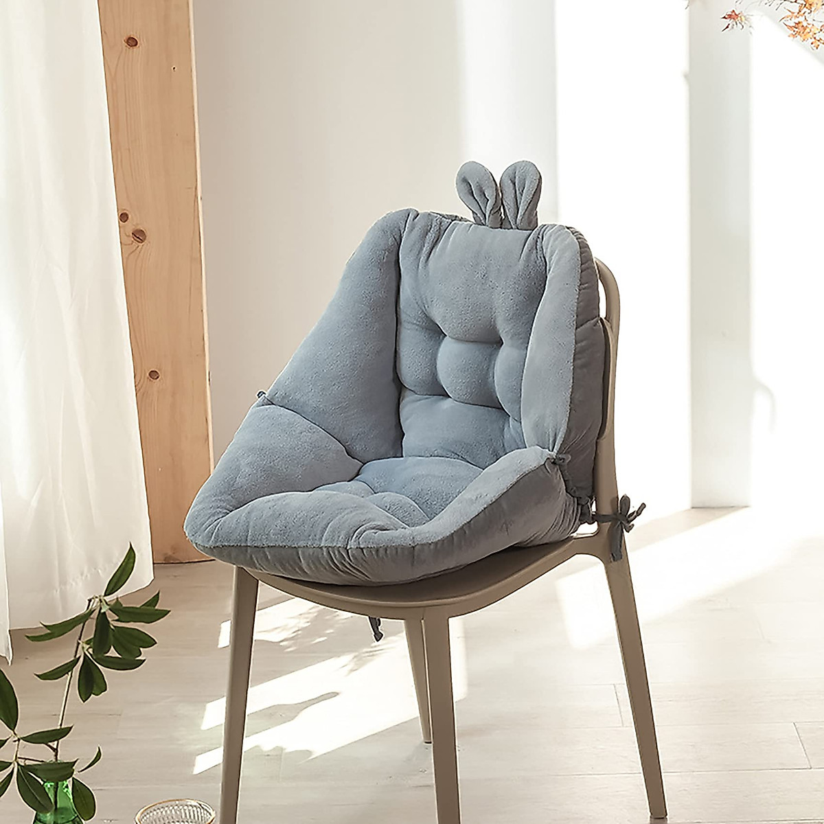 ZYBCQL Semi-Enclosed Bunny Ears Seat Cushions with Ties,Cute Cartoon Crystal Velvet Chair Cushion Floor Pillow for Office Chair-Grey 52x52cm(20.5x20.5in)