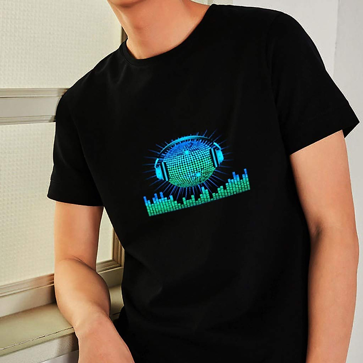 Top for Men Party Disco DJ Sound Activated LED Light Up and Down Flashing Glowing Printed Crewneck Short-Sleeve T Shirt