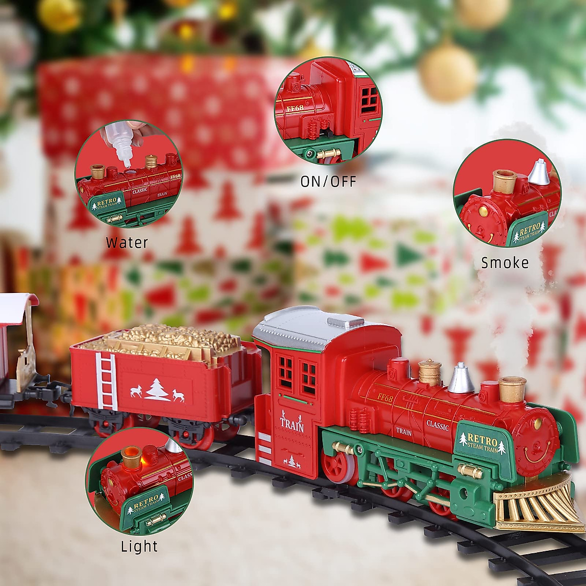 Christmas Train Set for Under/Around Christmas Tree,Electric Toy Train with Lights,Real Smoke,Sound,Include 4 Cars,10 Tracks,5 Dinosaurs, Battery Operated Holiday Train Xmas Gifts for Kids Boys Girls