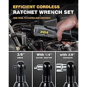 RIDA Cordless Electric Ratchet Wrench Set 40 Ft-lbs 400 RPM 3/8" 12V Cordless Ratchet Kit w/ 2-Pack Li-Ion Batteries & 60-Min Fast Charge, Variable Speed Trigger 8 Sockets New Year presents
