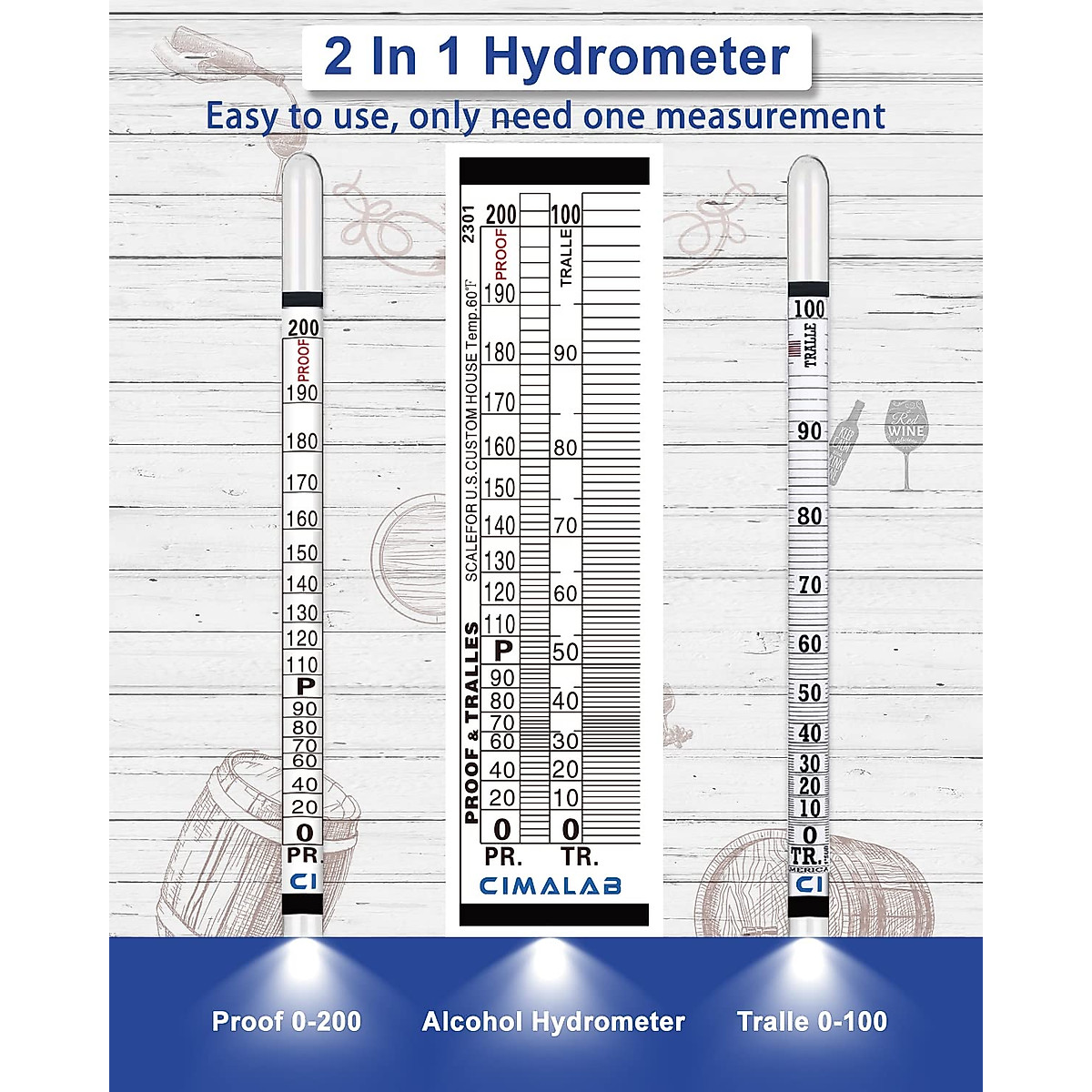 Cimalab Hydrometer Alcohol Meter, Hydrometer Alcohol 0-200 Proof and Tralle Alcohol Hydrometer, Alcohol Proof Tester Hydrometer, Alcohol Tester for Liquor/Moonshine/Spirits/Proofing/Distilled