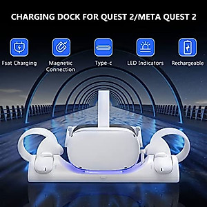 VR Charging Station for Oculus Quest 2/Meta Quest 2, Charging Dock Supports LED indicator/Simultaneously Magnetic Charging Headset and Touch Controller, with 2 Rechargeable Batteries and USB-C Charger