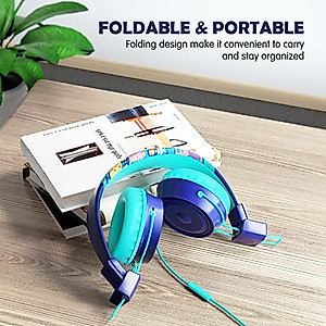 BraveKoi Kids Headphones, 3.5mm Wired Headphones for Kids, On-Ear Headphones for Boys with Microphone, Children Headphones for Study/School/Online Course/Tablet/Kindle/iPad(Blue)