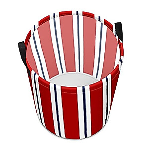 Waterproof Foldable Laundry Hamper with Handles Nautical Blue Red White Striped Round Dirty Clothes Laundry Basket Storage Bin Organizer for Toy Collection