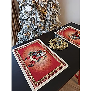 Christmas Placemats with Santa Set of 2 Red Fabric Holiday Glitter with gold Lurex (set of 2) Size:13in X 19in (34cm X 49cm)