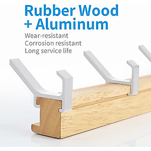 Generic Moderm Wall-Mounted Coat Hook Rail with 5 Double Hooks, 15-Inch Aluminum and Metal for Coats, Hats, Towels, and Robes (White). Natural Wood (Lacquer Coating); Hook: Aluminum (x 5)