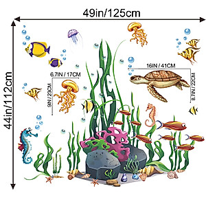 RW-1073 3D Ocean Wall Decals Under The Sea Fish Wall Stickers Ocean Animals Wall Art Decals View Under Sea Removable DIY Stickers for Kids Babys Bedroom Bathroom Living Room Nursery Home Decoration