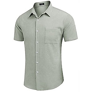 COOFANDY Mens Shirt Casual Corduroy Button Up Summer Beach Wear, Light Green, XX-Large, Short Sleeve