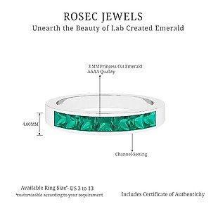 Rosec Jewels Certified Lab Grown Emerald Wedding Band, AAAA Quality, Princess Cut Emerald Anniversary Ring - Ready to Gift, 14K White Gold, Size:US 9.00