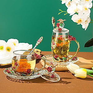 LANTREE Crystal Tea Cup Coffee Mug with Lid Saucer Spoon Birthday for Women Friends Female Grandma Mum Sister Home Decoration(Short Red)