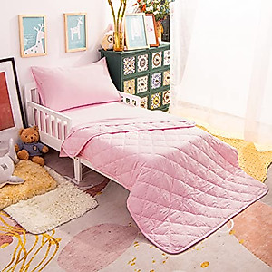 NTBAY 4 Piece Ultra Soft and Breathable Toddler Bedding Set, Microfiber Crib Sheet Set, Includes Quilted Comforter, Fitted Sheet, Flat Top Sheet and Envelope Pillowcase for Boys and Girls, Pink