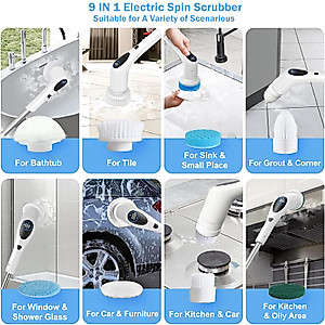 Electric Spin Scrubber, Cordless Cleaning Brush with Adjustable Extension Arm 9 Replaceable Cleaning Heads, LED Screen Voice 3 Adjustable Speeds Power Shower Scrubber for Bathroom, Tub, Tile, Floor