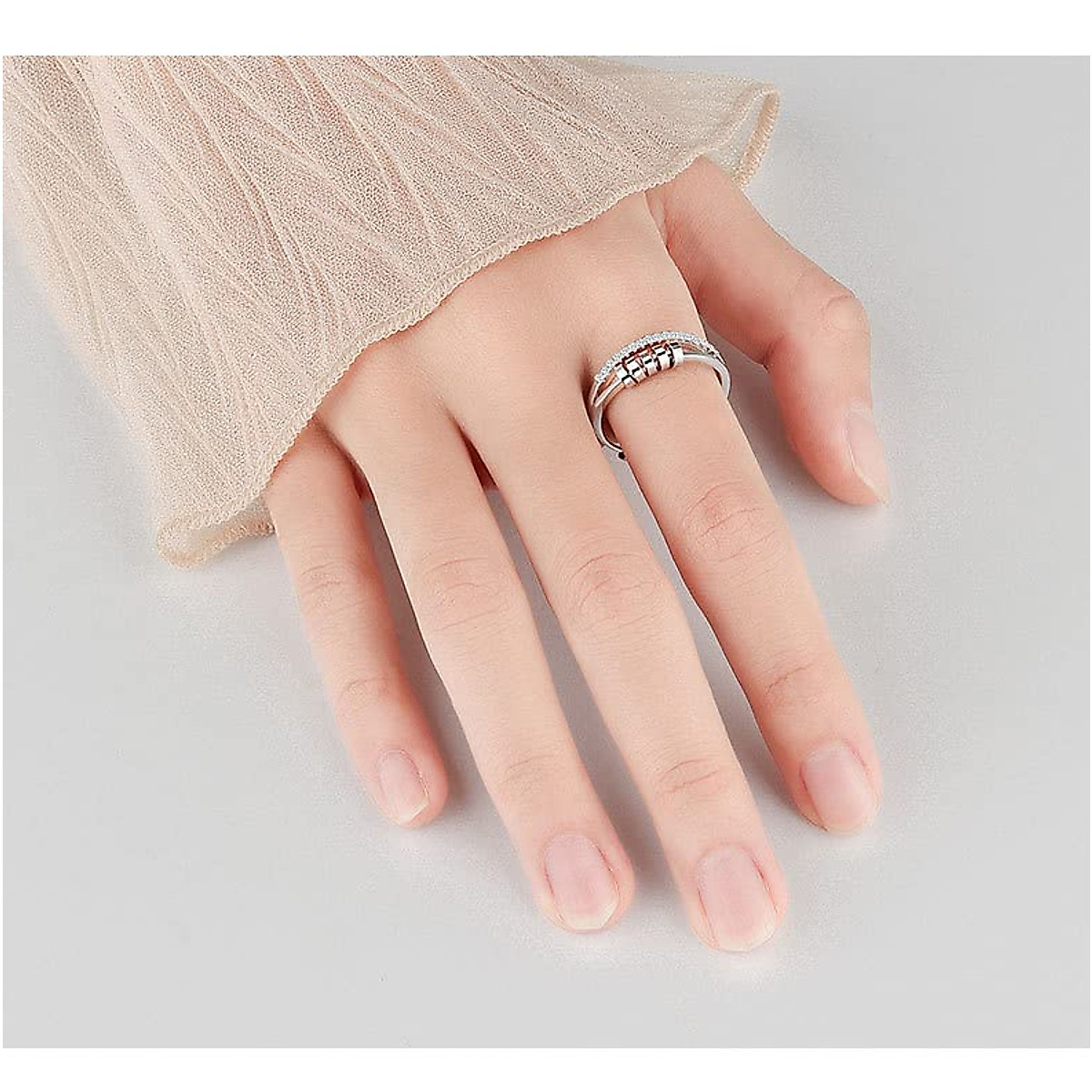 Vito Sterling Silver Fidget Anxiety Ring, Unisex Adjustable Open Band Ring With Rotatable Beads, 2 Layers Expandable Spinner Ring Jewelry Gift