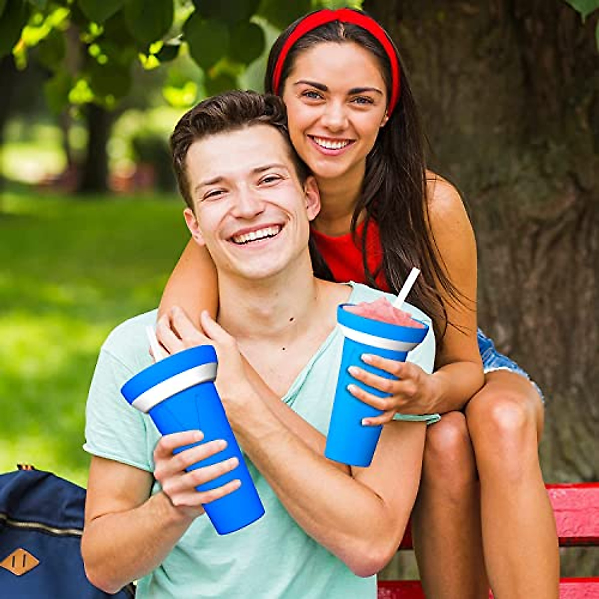 LATIBELL Slushie Maker Cup - Slushie Cup maker Squeeze Cool Stuff Double Layer Silicone Slush Cup 16.9 Ounce Summer Cooling Cup with Straw and Spoon Blue