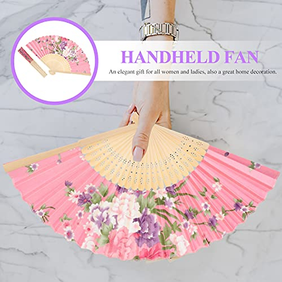 RAZZUM Hand Fan Foldable 2 Pcs Floral Folding Hand Fan Chinese Vintage Retro Silk Handheld Fans with Frames for Wedding Dancing Church Party Gifts Pink Japanese Fan Fan