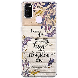 Cavka Phone Case Compatible with Samsung Galaxy A73 A72 5G A71 A54 A52 A42 A34 A32 A14 A11 Wooden Bumper Cell Clear Bible Verse Shockproof Psalm I can do all things through him Philippians 4:13"