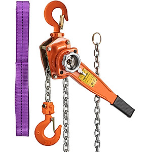 VEVOR Lever Chain Hoist, 0.75Ton 1650lbs Capacity Ratchet Puller with 10FT Max. Lifting Height, Come Along 2 Heavy Duty Steel Hooks, Manual Handling Tool for Cargo Moving in Construction, Warehouse , Orange