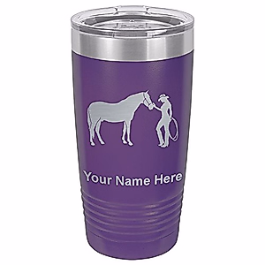 LaserGram 20oz Vacuum Insulated Tumbler Mug, Horse and Cowgirl, Personalized Engraving Included (Dark Purple)