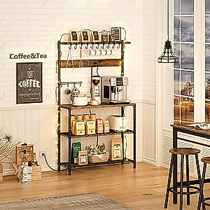 SUPERJARE Bakers Rack with Power Outlets - Height Adjustable Microwave Stand, 4-tier Kitchen Storage Rack with 10 S-shaped Hooks, 360° Hanging Strip, Coffee Bar Station - Rustic Brown