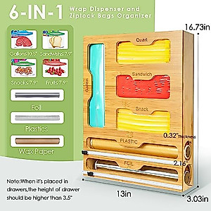 Ziplock Bag Organizer, Bag Storage Organizer for Kitchen Drawer, Plastic Wrap Dispenser with Cutter, 6 IN 1 Bamboo Foil and Plastic Wrap Organizer, Compatible with Gallon Quart Sandwich and Snack Bag