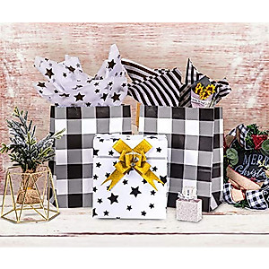 Whaline 120 Sheet White Black Tissue Paper Star Stripes Dots Pattern Tissue Paper 4 Styles Simple Gift Wrapping Paper Bulk for Birthday DIY Crafts New Year Gift Bag Supplies, 14 x 20"