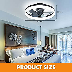 YOZLNFO 2024 20'' Modern Ceiling Fan with Lights Remote Control, 6 Speeds 3 Colors Geometric Bladeless Ceiling Fan with Lights, Black Low Profile Flush Mount Ceiling Fan for Kitchen Bedroom Living