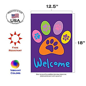 Toland Home Garden 112669 Welcome Paws- Purple Paw Print Flag 12x18 Inch Double Sided Paw Print Garden Flag for Outdoor House Cat Dog Flag Yard Decoration