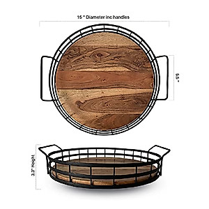 Farmhouse Round Wooden Tray with Black Metal Frame & Acacia Wood Base with Handles. This Round Tray is an Ideal Decorative Tray, Coffee Table, Drinks or Serving Tray by Cube Home