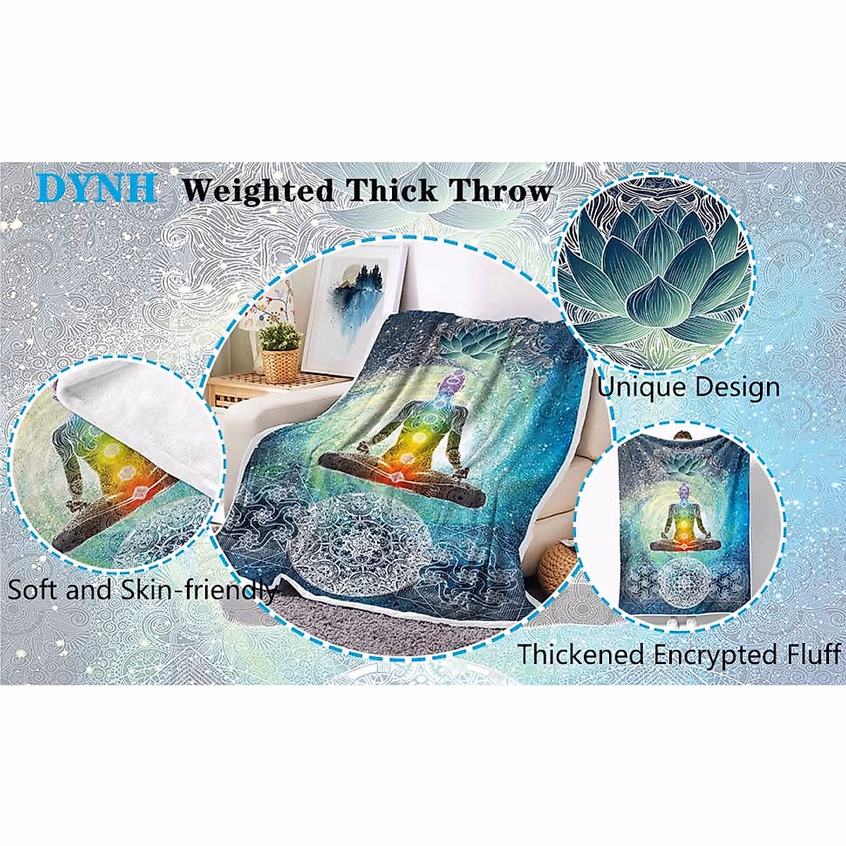 Chakra Chunky Throw Blanket for Couch Bedroom Bedding Decor Office, Seven Chakra Yoga Meditation Zen Hippie Lotus Spiritual Soft Thick Flannel Bed Blanket Decorations (640 Grams 50X60 Inches)