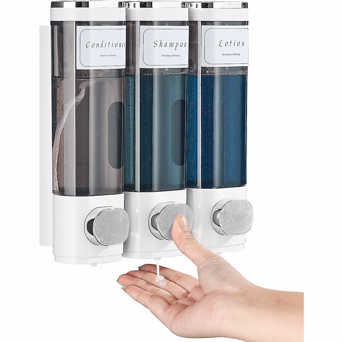 3 in 1 Shampoo and Conditioner Dispenser wall, Shower Dispenser 3 Chamber No Drill, White Bathroom Soap Dispenser and Labels